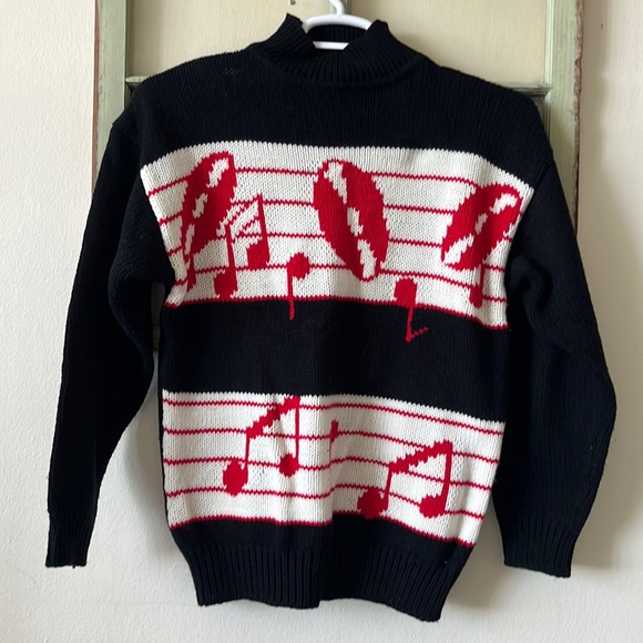 Spice Of Life | Sweaters | Vintage Black Knit Sweater With Red Musical ...